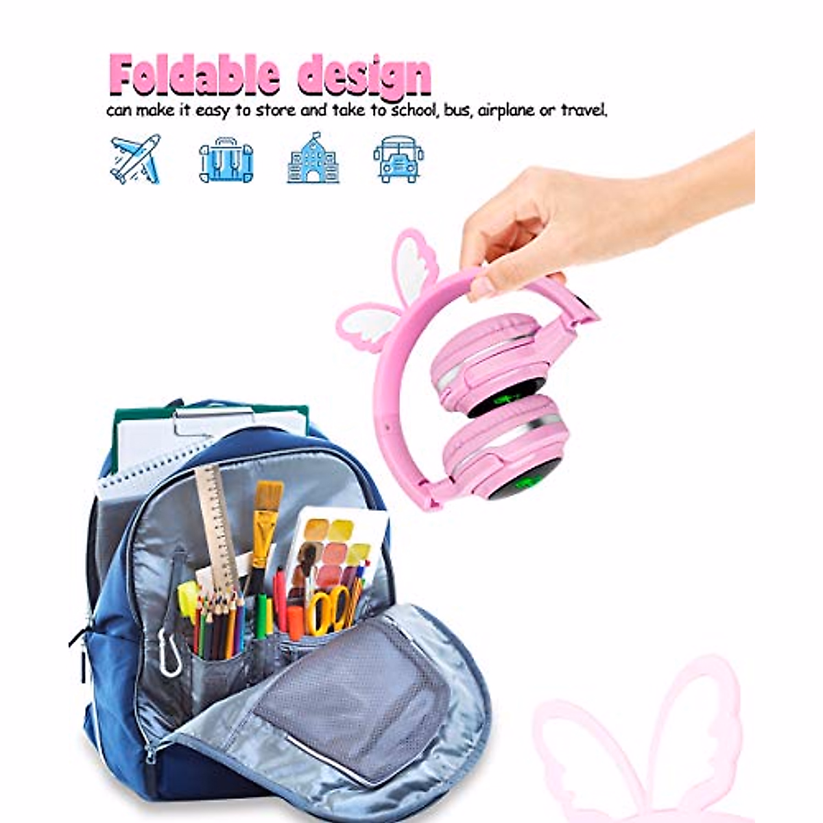 Wireless Headphones for Boys,Girls,Women,Kids,Teens Pink Bluetooth Headset for Smartphones/iPhone/iPad/Laptop/PC/TV Children Over Ear Gaming Headset with Mic&LED Light&Foldable (Angel Wings Pink)