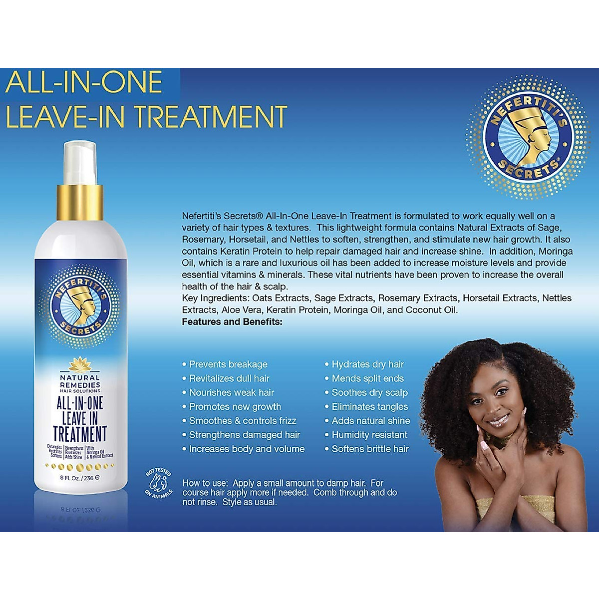 Nefertiti's Secrets All In One Leave-In Treatment, Moringa Oil & Rosemary Hair Conditioner, Strengthen & Stimulates, Heat Protection Spray For Hair Growth, Travel Size Moisturizer - 8 Oz / 236 ml