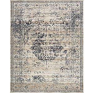 Unique Loom Chateau Collection Distressed Vintage Traditional Textured Dark Blue Area Rug (8' 0 x 10' 0), beige/navy blue