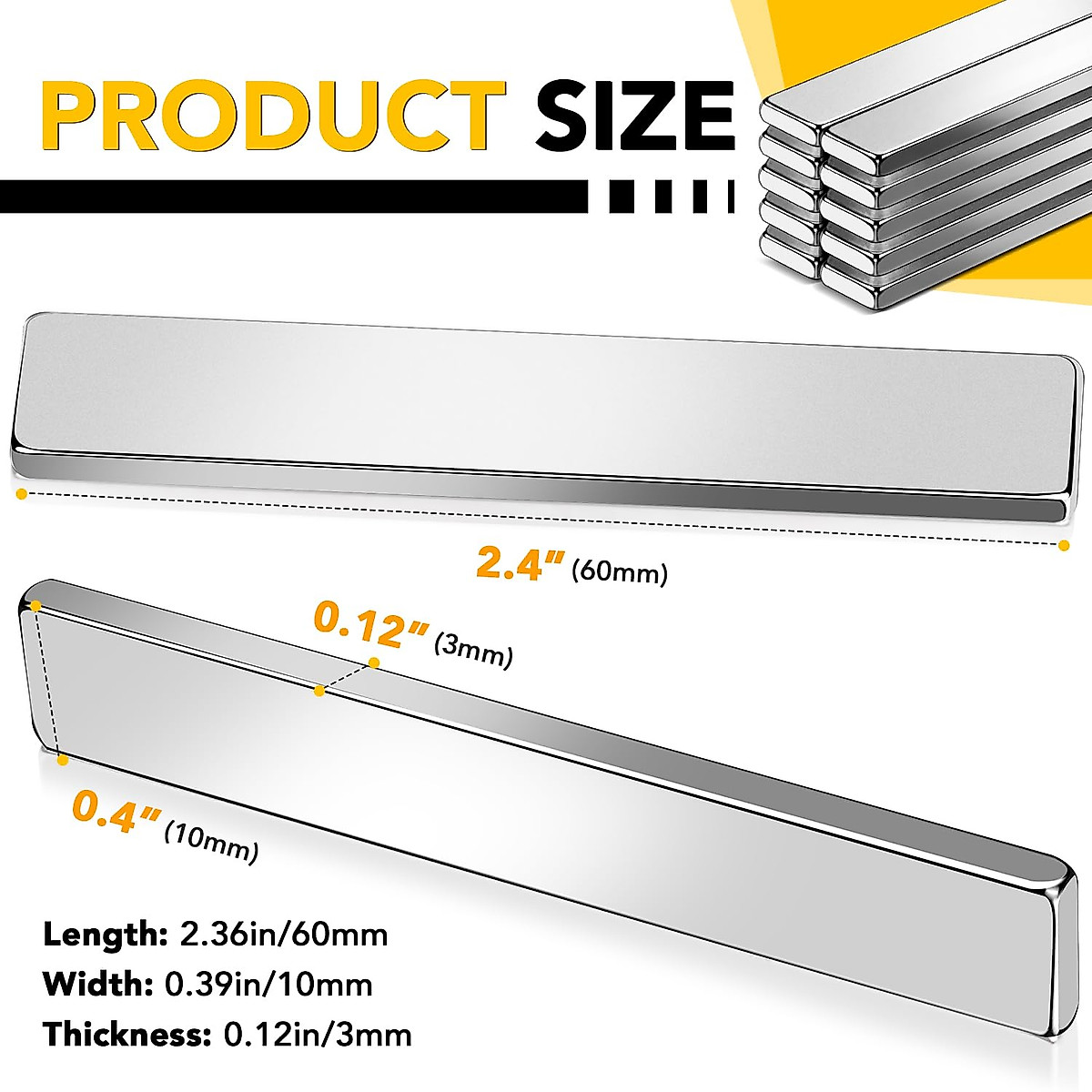 Strong Neodymium Bar Magnets (50 Pack) - 2X Stronger, 2X Thicker, Powerful Rare Earth Magnets - Industrial Strength NdFeB Magnet Set for Fridge, DIY, Crafts - 60 x 10 x 3 mm