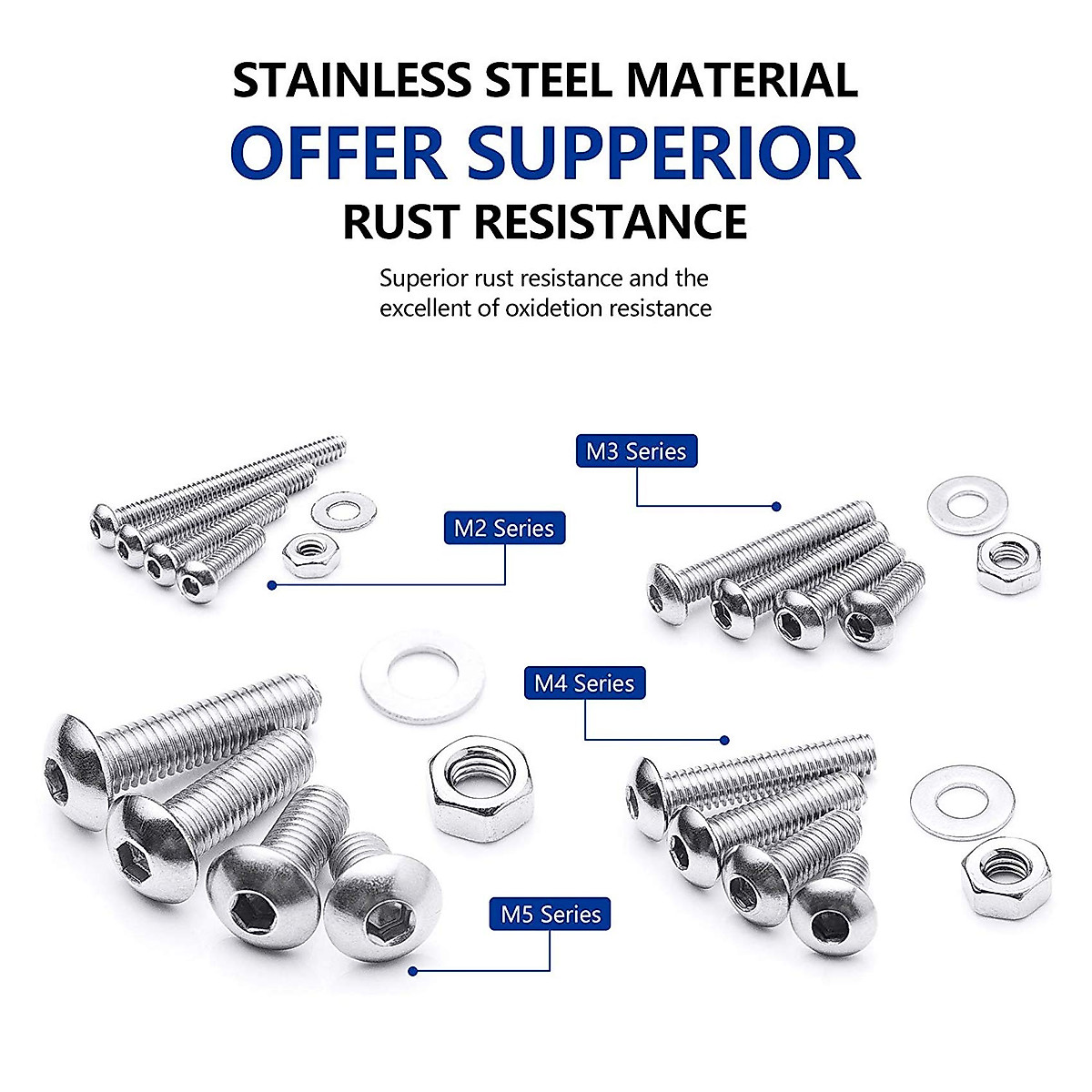 NINDEJIN Metric Button Head Socket Cap Screw Bolts & Flat Washers & Nuts Assortment Kit M2 M3 M4 M5 Stainless Steel Machine Screws Set and Wrench, 880 PCS