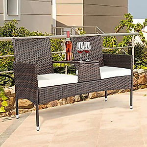 Zeaxar 131 * 61 * 83cm Brown Gradient Rattan Lover Chair Outdoor Furniture Set with Removable Cushion and Tempered Glass Tabletop Modern Rattan Bench for Garden Lawn Backyard