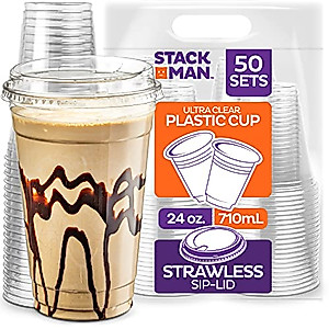 24 oz Clear Plastic Cups with Strawless Sip-Lids [50 Sets] PET Crystal Clear Disposable 16oz Plastic Cups with Lids - Crystal Clear, Durable Cup - BPA Free + Crack Resistant, for Coffee, Juice, Shakes