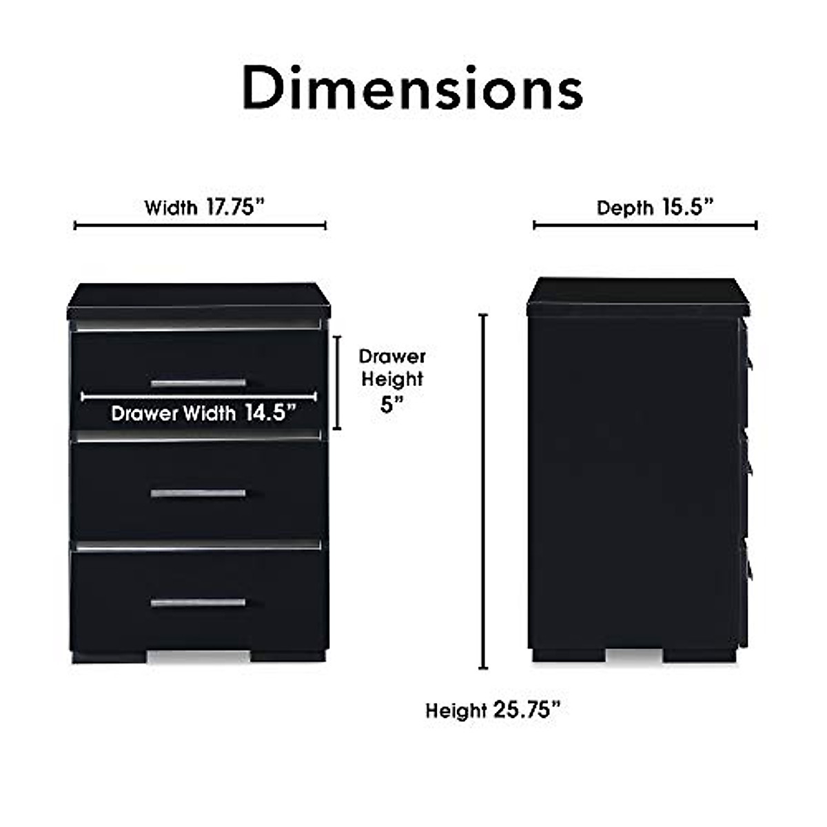 Finch Belmont Fully Assembled Nightstand Modern Mirrored Accent, Bedside End Table with Silver Handles, 3-Drawer, Black