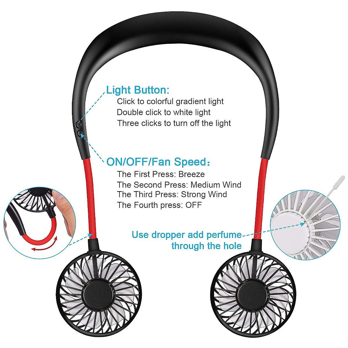 Hand Free USB Personal Fan Rechargeable Mini LED Neck Fan Headphone Design Sports Fan Heads Rotatable Neckband Fan, 2000mAh, 3 speeds, Quiet, Portable for Office Reading Travel Camping (Black)