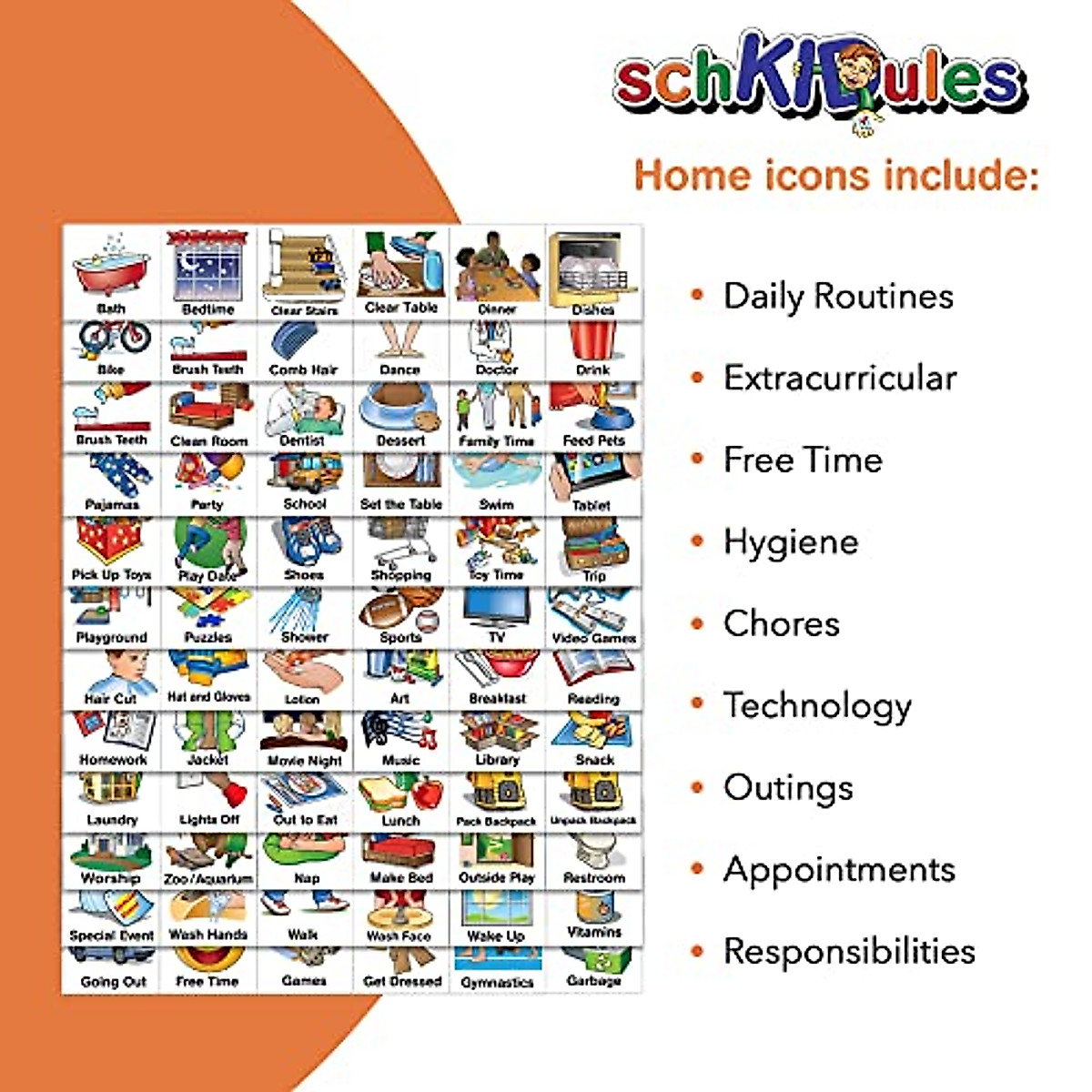 SchKIDules Visual Schedules for Kids 93Pc Home Collection for Daily Routines: 72 Picture Magnets +21 Headings for Children, ADHD & Behavioral Suppports