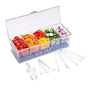 MJM Condiment Server, Condiment Tray, ice Party Serving bar, Chilled Caddy, bar Garnish Holder on ice, Condiment Dispenser, Salad Platter, Compartment Condiment Tray with lid