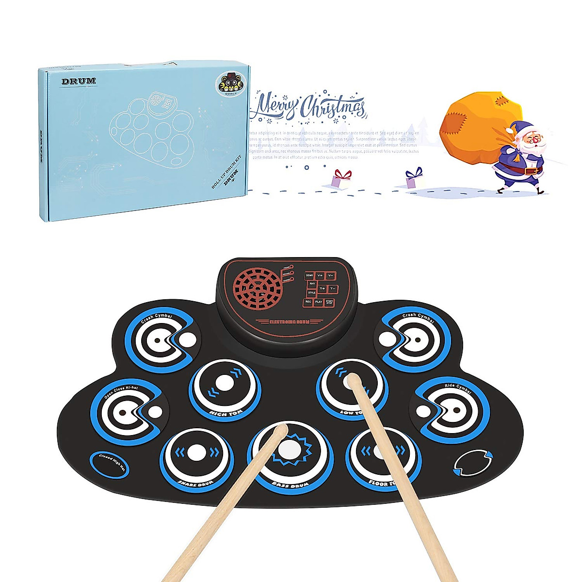 Electronic Drum Set Kids Foldable Practice Drum Pad Rechargeable Drum Kit, Built in Speakers Foot Pedals,Drum Sticks, Birthday Gift for Beginners (Blue)