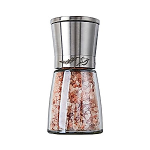 Manual Pepper and Salt Grinder (Spice Mill) with Adjustable Ceramic Blades. Glass body with stainless steel. Easy to fill, use and clean, 6oz.