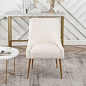 KINWELL Upholstered Dining Chairs, Modern Accent Side Chair with Pleated Back and Pull Handle, Velvet Armchair Desk Chair with Gold Metal Legs for Living Room, Home Office,Vanity(Beige)