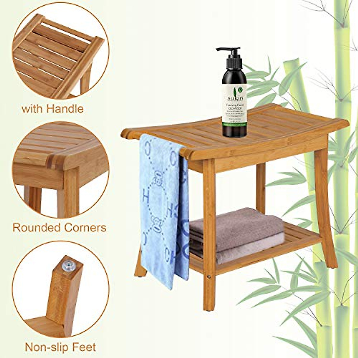 Kinlife Bamboo Shower Bench Bathroom Seat with Storage Shelf Wood Spa Bath Organizer Stool for Indoor