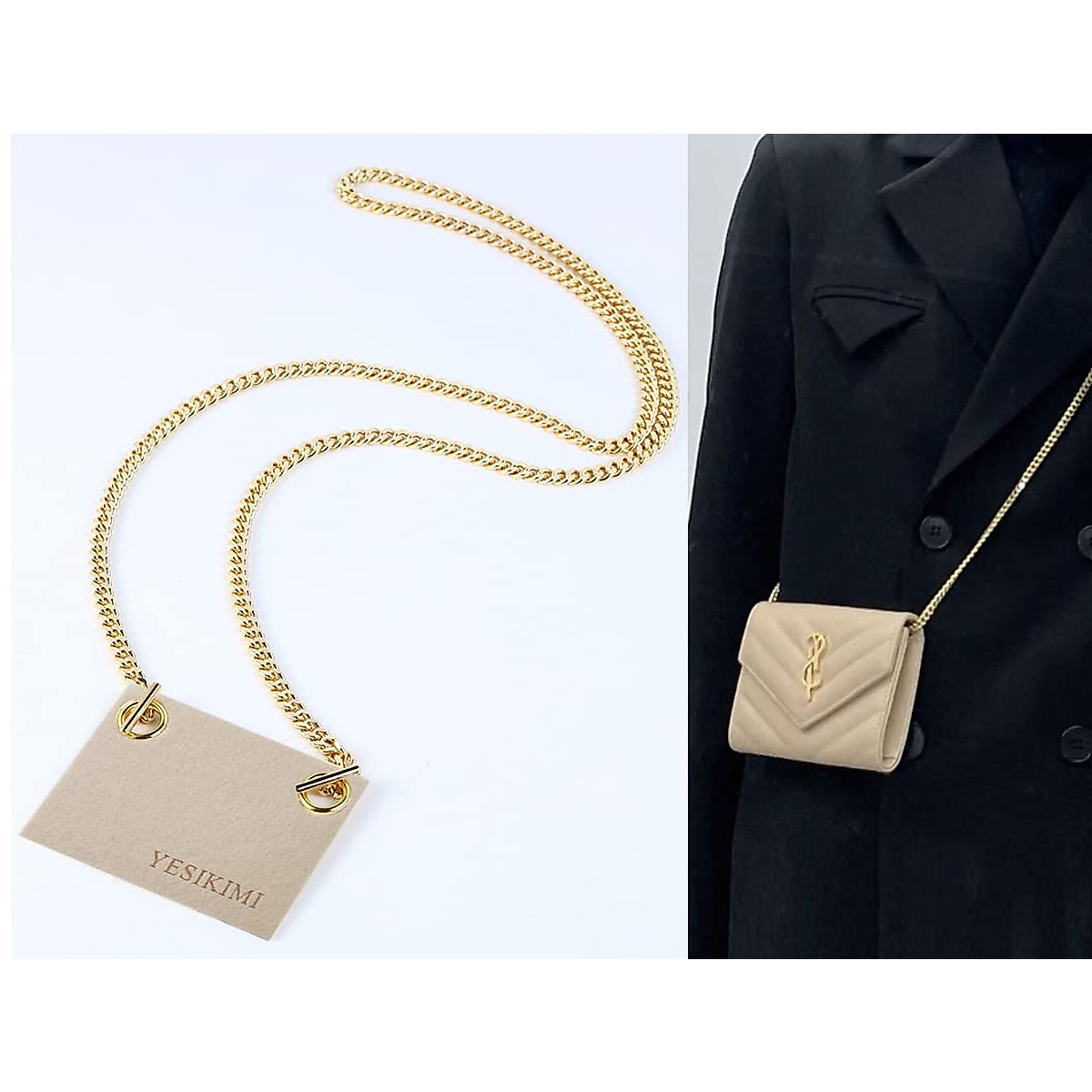 YESIKIMI Conversion Kit Compatible With YSL small card holder Felt Insert + 47" Gold Chain (beige)