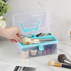BTSKY Multipurpose Plastic Craft Storage Containers with Removable Tray, Clear Plastic Storage Box with Lid & Handle, Easy Carry & Stack Small Storage Container, 8.5x5x4.9 Inch, Rectangle-Blue