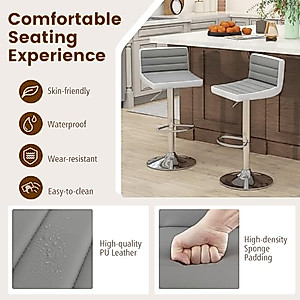 COSTWAY Adjustable Bar Stools Set of 4, Modern Swivel PU Leather Bar Chairs with Back, Footrest, Counter Height Upholstered Barstools for Kitchen Island Dining Living Room Bistro Pub Cafe, Grey+White