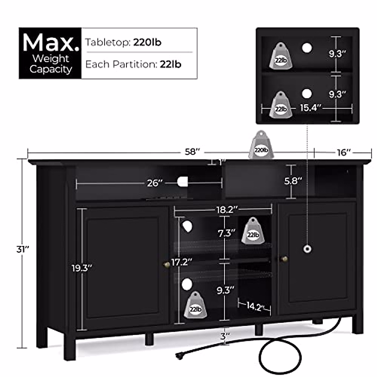 Yaheetech Black TV Stand with Doors for TVs up to 65 in, Modern TV Console with Power Outlet & Storage Shelf, Mid-Century Entertainment Center for Living Room, 31 in Tall