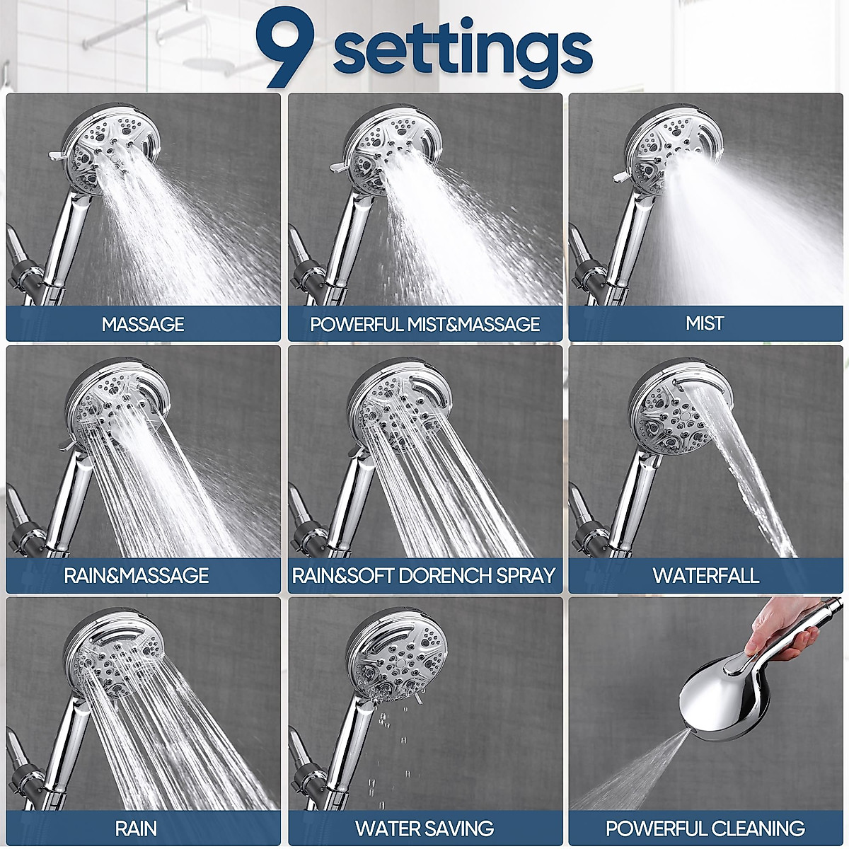 KINSE High Pressure Shower Head with Hose,9-Mode Handheld Shower Head, 5" Shower Head with 71" Extra Long Shower Hose & Adjustable Bracket,Built-In Power Wash to Clean Tub, Tile & Pets