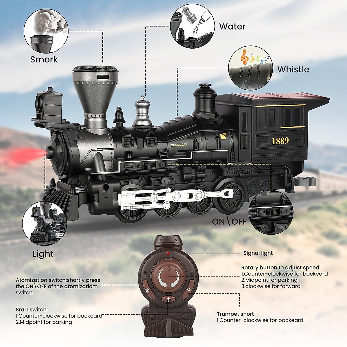 Steam Train Set Toys -Electric Train Set Toys Retro Train Track with Locomotive with Smokes,Light & Sounds, for Toys for 3 4 5 6 7+ Years Old Kids