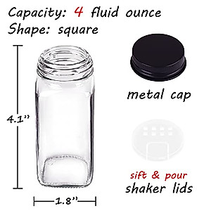 Churboro 36 Spice Jars with 547 Labels- Glass Spice Jars with Black Metal Caps, 4oz Empty Spice Containers with Shaker Lids, Funnel, Chalk Pen, Square Seasoning Bottles for Spice Rack, Drawer, Cabinet