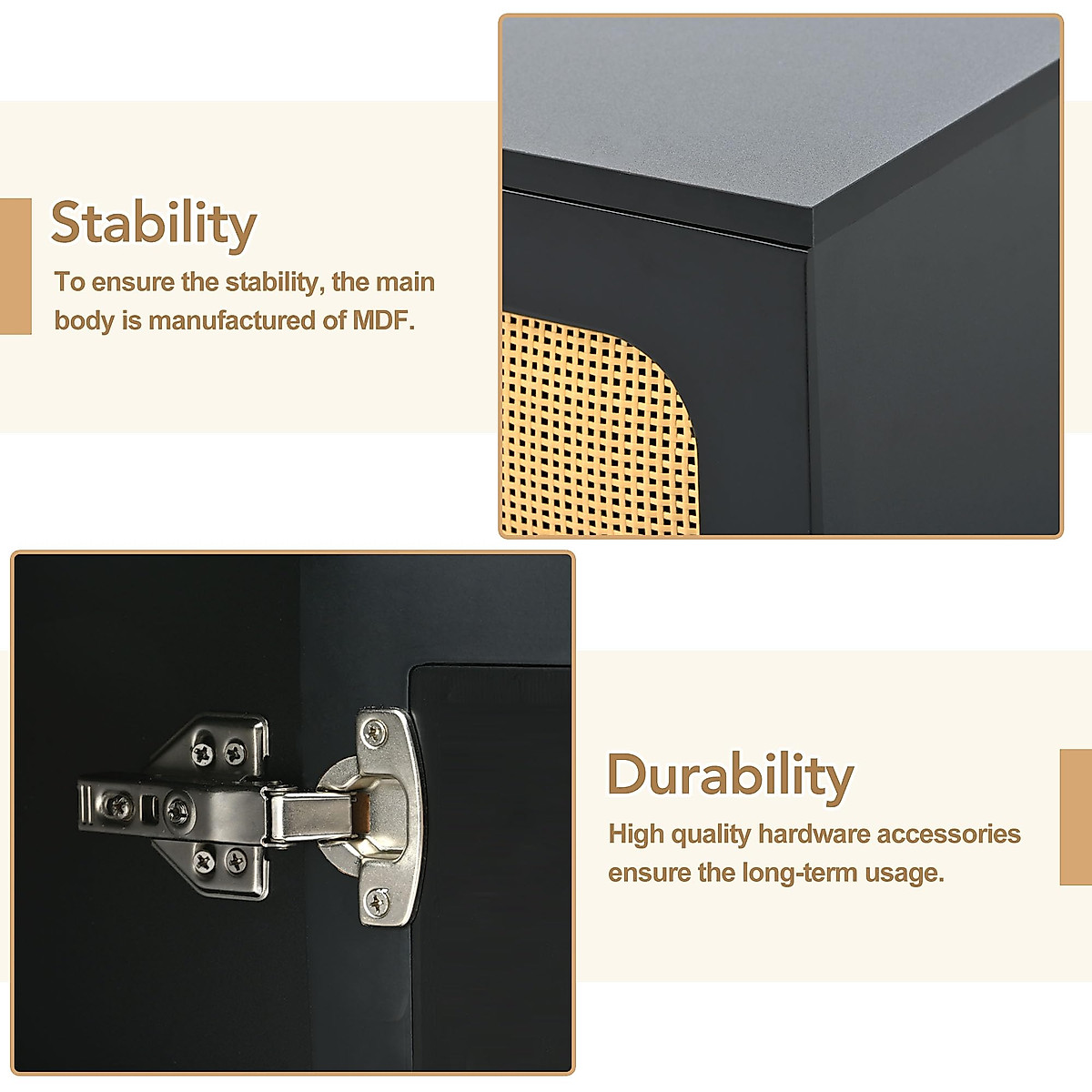 Bellemave Boho style TV Stand with Rattan Door, Woven Media Console Table for TVs Up to 70”, Country Style Design Side Board with Gold Metal Base for Living Room（Black）