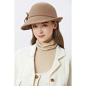 BABEYOND Womens 1920s Bucket Hat Winter Wool Crushable Bowler Hat Vintage Cloche Round Hat with Floral Accent (Camel)