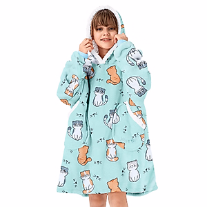 American Trends Blanket Hoodie for Girls Wearable Blanket for Kids Oversized Hoodie Sherpa Hooded Sweatshirt Kitty