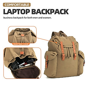 High Capacity Canvas Vintage Backpack Leather Genuine Leather Waxed Canvas Shoulder Hiking Rucksack (Khaki)