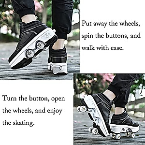 KOFUBOKE LED Deformation Roller Skate Shoes Double-Row Walking Shoes with Invisible Wheels 2 in 1 Removable Pulley Parkour Skating (Black, 3.5)