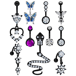 Eakxnig 14G Belly Button Ring Stainless steel Dangle Belly rings Snake Glow Dark Round Cubic Zirconia Navel Barbell Body Piercing Jewelry For Women 3/8inch 10mm silver,rose,purple,black men belly ring