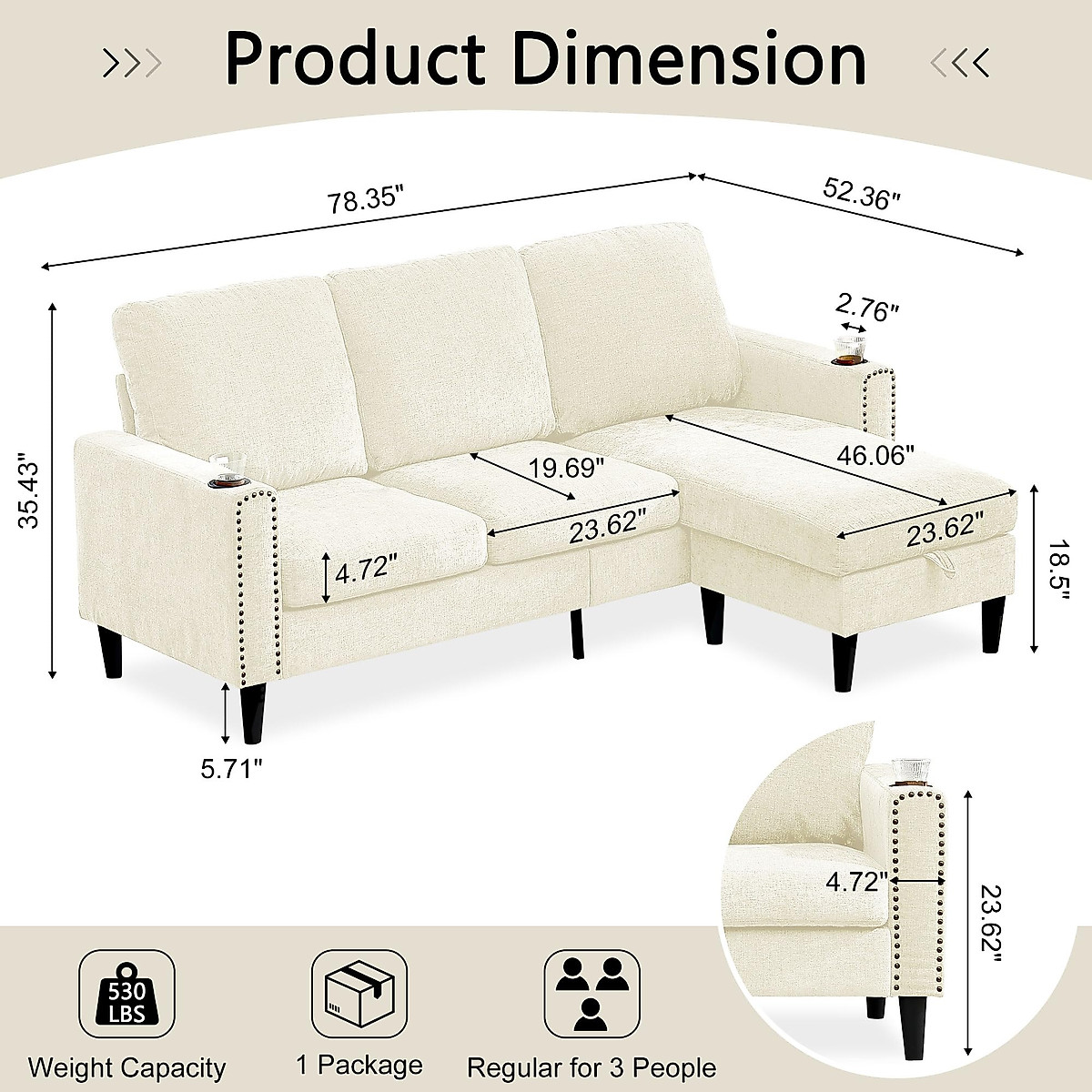 NORDICANA 3-Seat Sectional Sofa Set with Storage Chaise, L Shaped Modular Couch for Living Room, 2 Cupholders, Detachable Cover, Off White Chenille