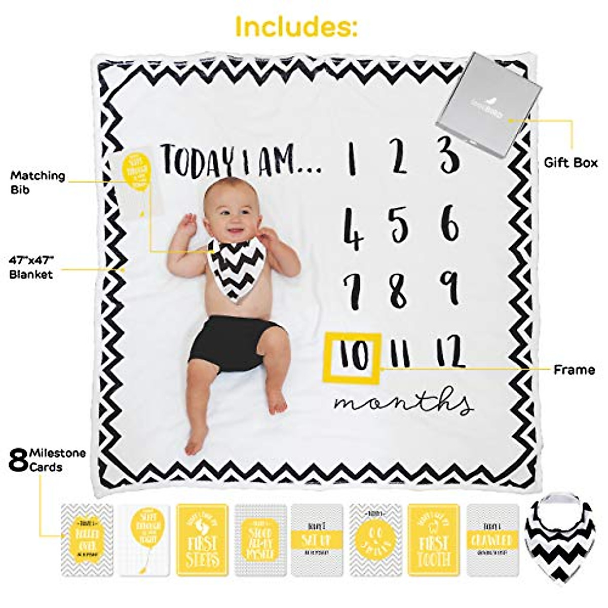 LooliBird Baby Monthly Milestone Blanket - 8 Milestone Cards Number Frame in a Gift Box - Fleece Baby Month Blanket for Baby Pictures - Baby Milestone Blanket Girl or Boy