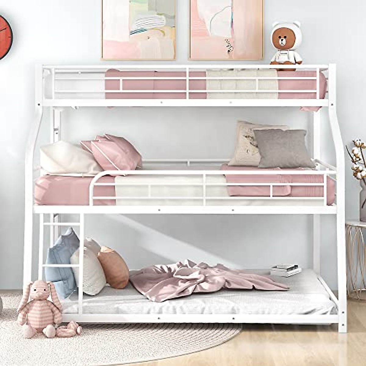 DEYOBED Twin XL Over Full XL Over Queen Metal Triple Bed Bunk Bed with Dual Ladders - Space-Saving Sleep Haven for Kids, Teens, Adults