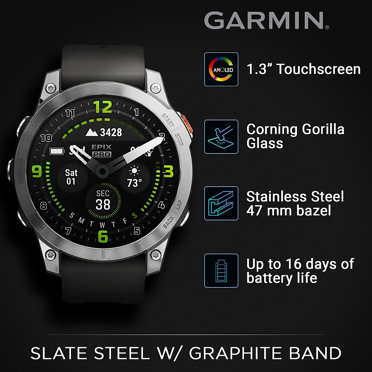 Wearable4U Garmin EPIX (Gen 2) - Slate Steel 47mm Slate | Premium Active GPS Smartwatch with 1.3 in. AMOLED Display. Gift Bundle Energy Set.