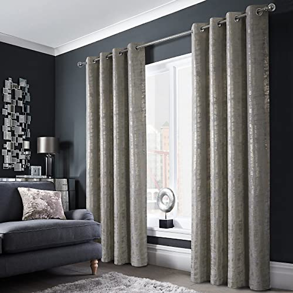 always4u 100% Blackout Soft Velvet Curtains for Bedroom Living Room Thermal Energy Saving 63 Inches Long Luxury Gold Foil Print Drapes 2 Panels Silver