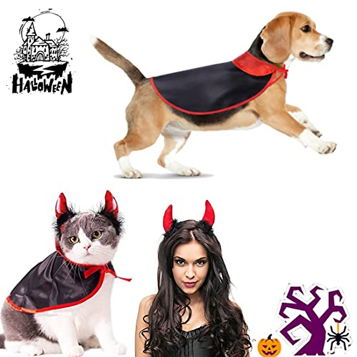 Halloween Large Dog Costume 2PACK Cute Cat Dog Cosplay Devil Hat Headband Adjustable Vampire Cloak Funny Hair Hoop Cape for Medium Large Dogs Holiday Dress Supplies