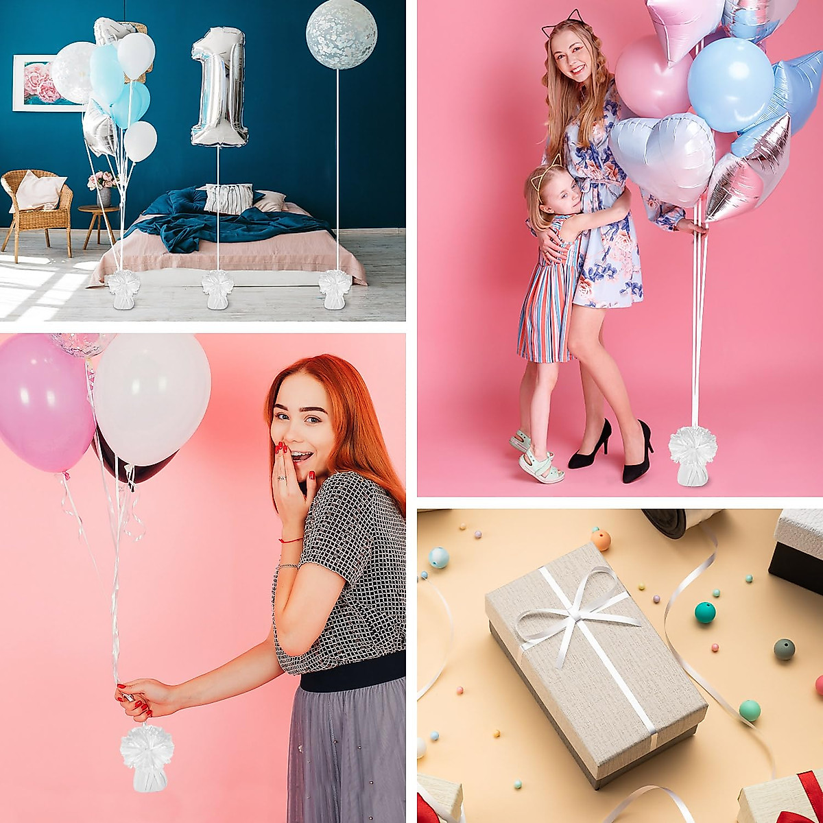 24 PCS Balloon Weights Metallic Anchor, Balloon Holder Heavy Weights with 1 Roll Iridescent Crimped Ribbon for Balloons Table Party Favor Birthday Decor(White)