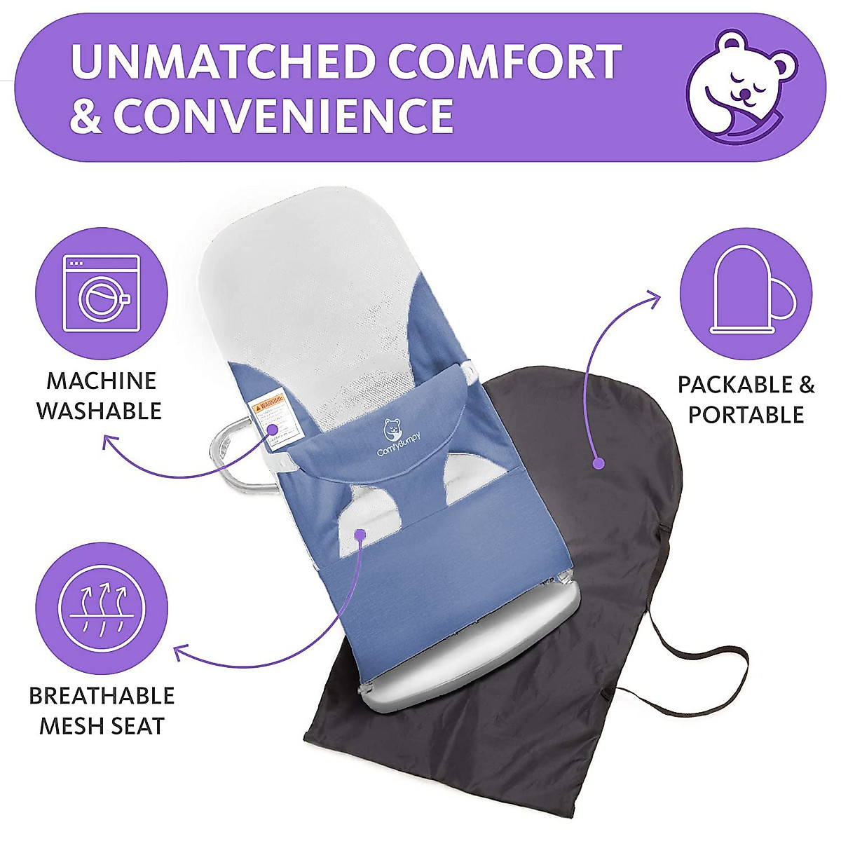 ComfyBumpy Ergonomic Baby Bouncer Seat - Bonus Travel Carry Case - Safe, Portable Bouncing Chair with Adjustable Height Positions - Infant Sleeper Bouncy Seat Perfect for Newborn Babies (Blue)
