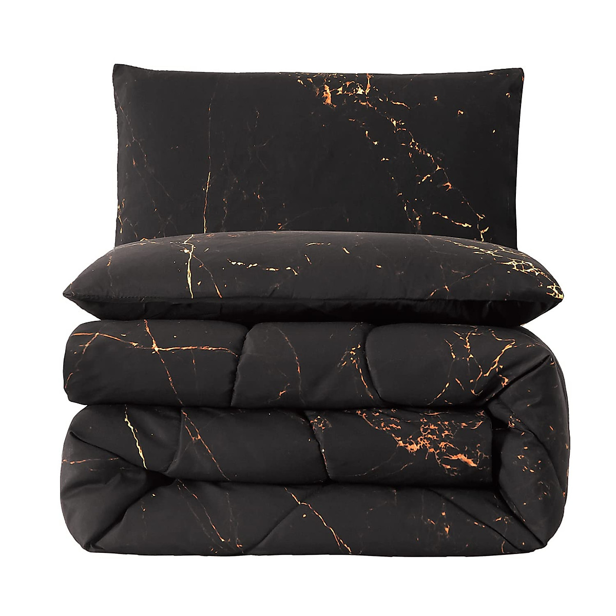 aoaoaoway Black King Marble Comforter Sets, 5 Pieces (1 Quilt + 2 Pillowcases + 2 Silk Pillowcases) Stylish Bedroom Design, Super Soft Silk Microfiber Quilt, All Seasons(Black4,King)
