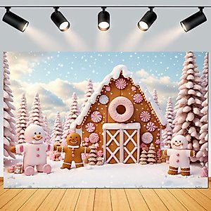 Yeele 10x8ft Christmas Village Photography Backdrop Cartoon Pink Gingerbread Man Cookie House Background Winter Snowfall Forest Scene Kids Family Xmas Party Decor Supplies