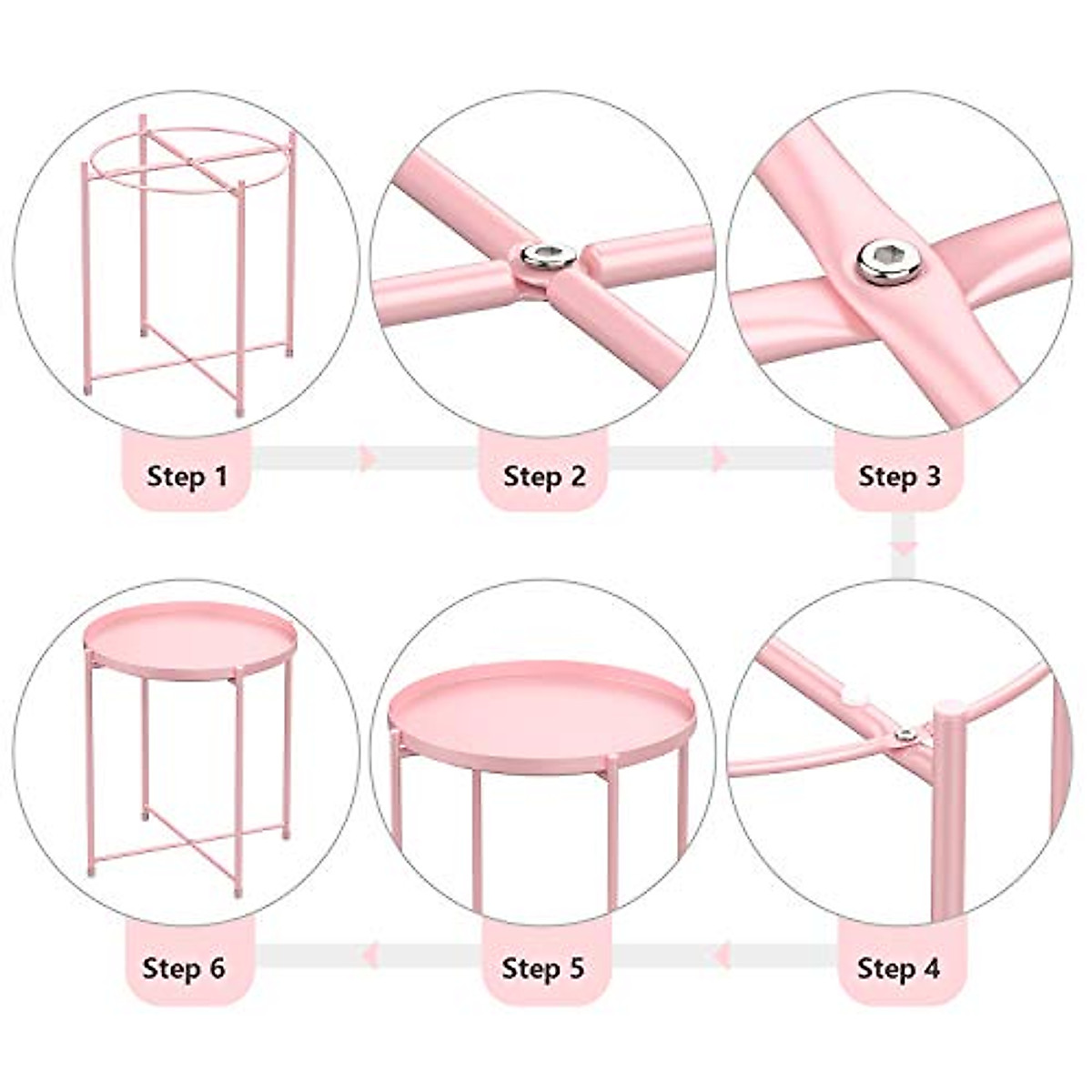 H HOMEWINS Tray Metal Round End Table,Pink Folding Small Side Table Outdoor & Indoor Accent Coffee Table for Small Spaces,Bedroom,Patio