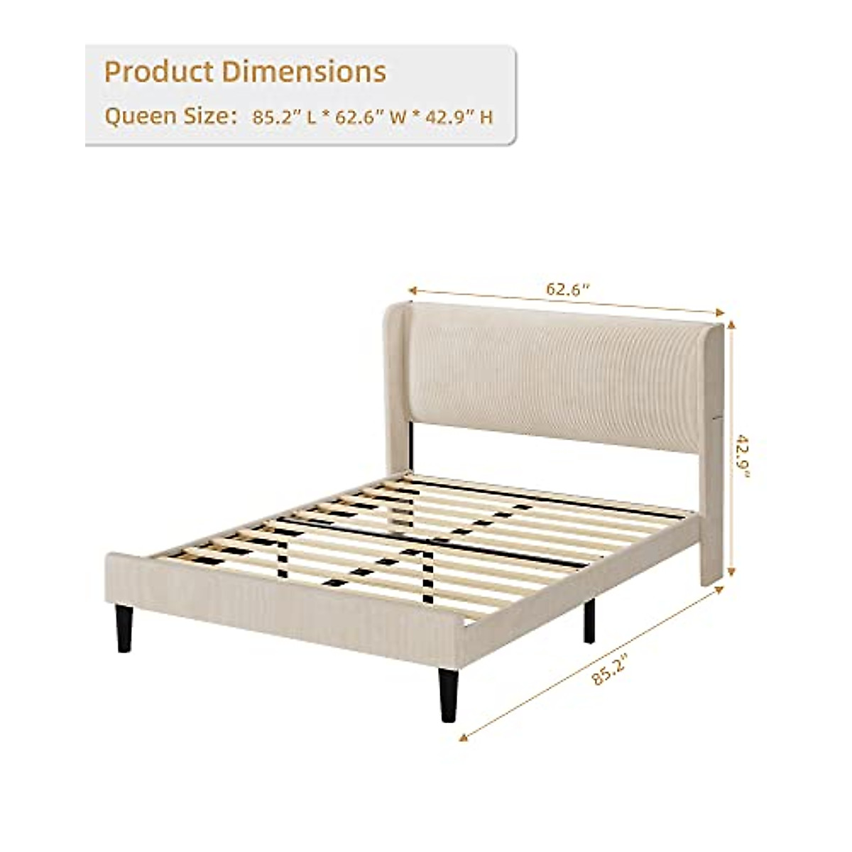 Homhougo Queen Bed Frame, Upholstered Platform Bed with Wingback Headboard, Velvet Upholstered Bed Frame with 2 Storage Pockets, Strong Wooden Slat Support, Easy Assembly, Box Spring Optional, Beige
