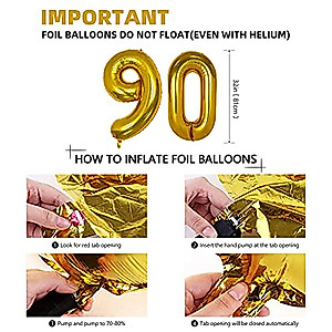 Trgowaul 90th Birthday Decoration Set: Includes 90th Black Gold Birthday Backdrop, Gold Glittery Cheers to 90 Years Banner, Pom Poms, 6Pcs Sparkling 90 Hanging Swirl and Balloons