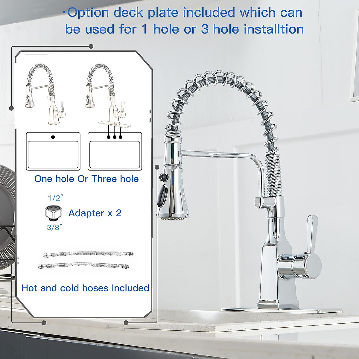 BWE Kitchen Faucet with Pull Down Sprayer, Brushed Nickel, High Arc Single Handle, One Hole, Spring, Commercial RV 3 Functions, Brass Gooseneck with Deck Plate, Fregaderos de Cocina