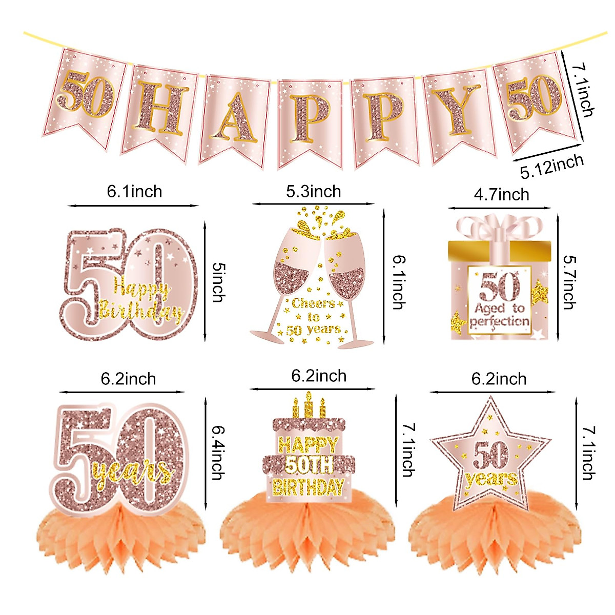 Crenics Rose Gold 50th Birthday Decorations for Women - Happy 50 Birthday Banner, Honeycomb Centerpieces, Hanging Swirls and Balloons for 50 Birthday Party Supplies