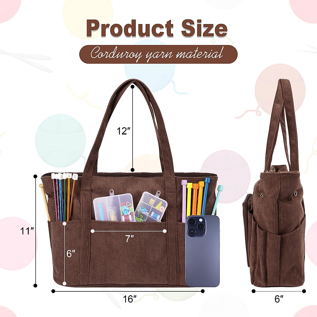 LOOEN Crochet Bag Organizer, Large Capacity Yarn Storage Bag, Portable Corduroy Knitting Bag and Totes for Travel, Used to Organize Yarn, Crochet Hooks, Ideal Gift for Crochet Lovers(Brown)