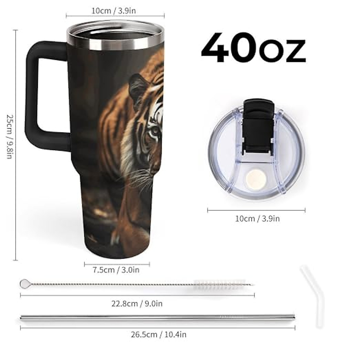 LLUTSNTH 40 Oz Vacuum Tumbler with Black Handle Leakproof Insulated Tumbler Wild Animals Tiger Stainless Steel Travel Mug with Lid And Straw Coffee Cup Cute Water Bottles Cup Holder Friendly