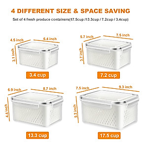 YIENOGO 4 Size Fruit Vegetable Storage Containers for Fridge with Colander and Lid Refrigerator Storage Containers Bins Organizer for Fruit Food Produce, White, YI-01F04