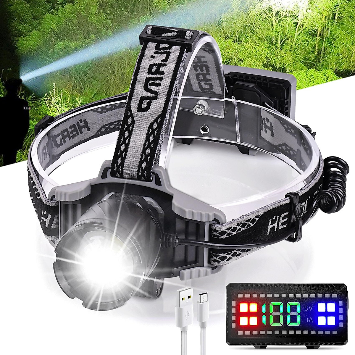 Aikertec Headlamp Rechargeable, 150000 Lumen Super Bright Headlamp Flashlight,4 Modes, 60H Battery Powered, Zoom, Waterproof Head Lamp, Red Blue Hardhat Headlamp for Camping Running Hunting