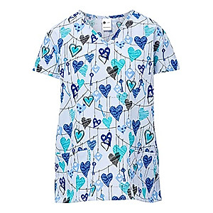 24|7 Comfort Scrubs Women's 24/7 Comfort V-Neck Scrub Top with Pockets, Key to Heart Blue, Large