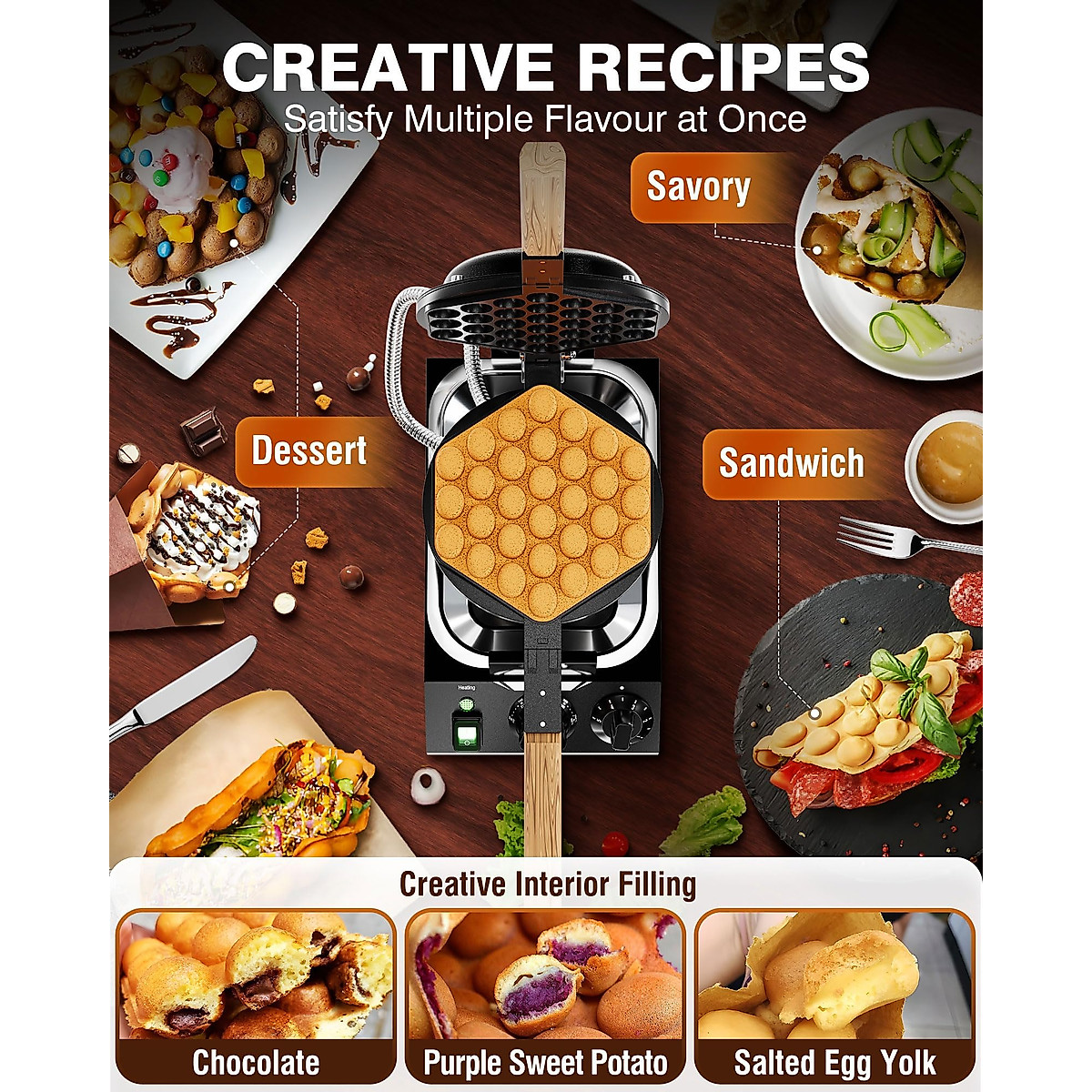 PYY Bubble Waffle Maker - Commercial Egg Puff Waffle Iron Machine, 1500W 122-482℉ Electric Stainless Steel Hong Kong, 30 Egg Cones | 180° Rotating| Black Non-stick Coating | Crumb Tray | Wooden Handle