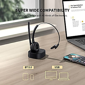 【Upgraded】 Bluetooth Headset with Microphone, Trucker Bluetooth Headset with Advanced Adapter and Charging Base, Bluetooth or USB Cable Connect for Computer/Home Office/Trucker/CallCenter/CellPhones